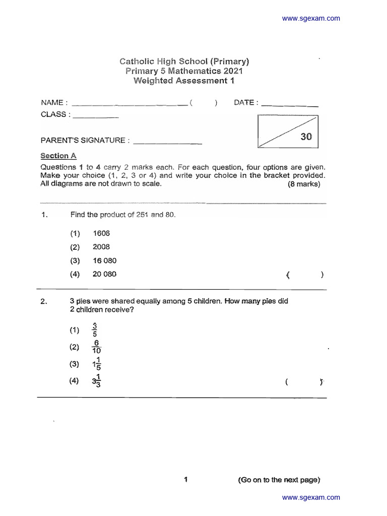 2021-P5-Maths-Weighted Assessment 1-Catholic High | PDF | Mathematics