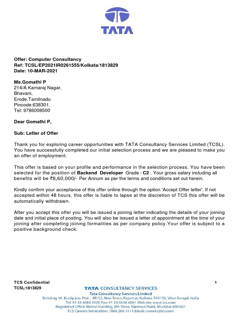 TCS Offer Letter | PDF | Insurance | Taxes