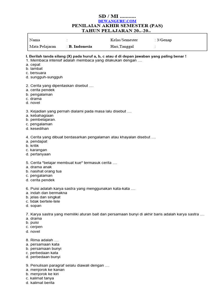 3 Soal UAS B. Indo Kelas 3 SD SMT 2 | PDF