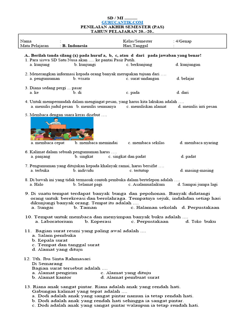 4 Soal UAS B. Indo Kelas 4 SD SMT 2 | PDF | Seni & Disiplin Bahasa