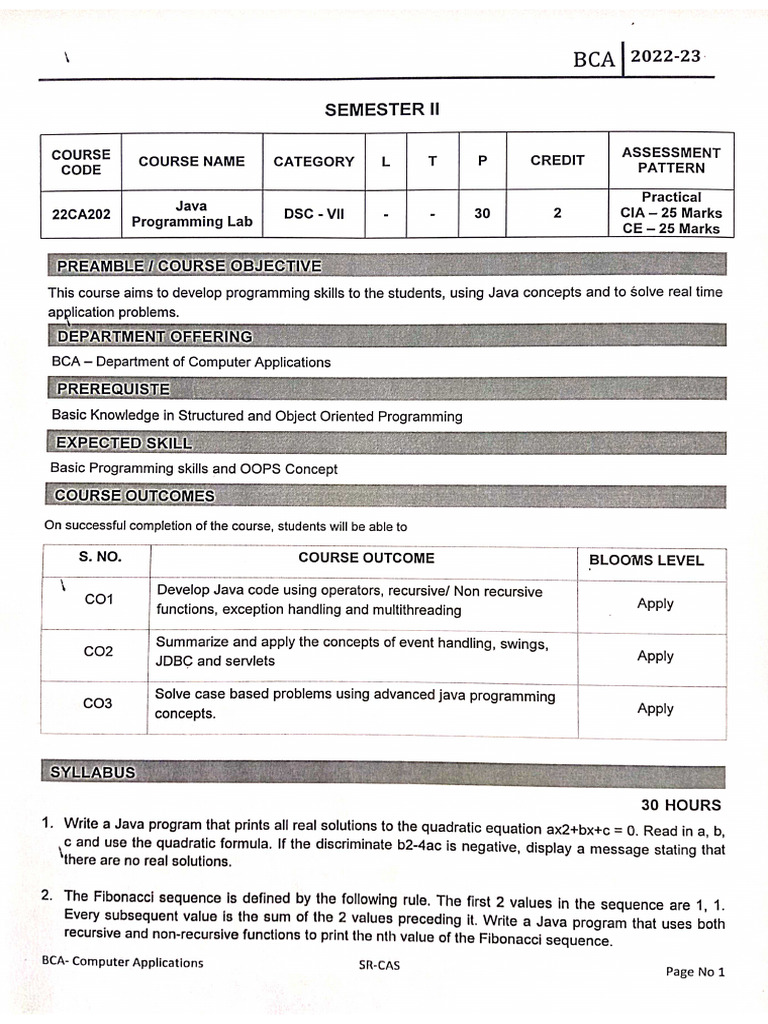 22CA202 - Java Programming Lab | PDF 22CA202 - Java Programming Lab | PDF
