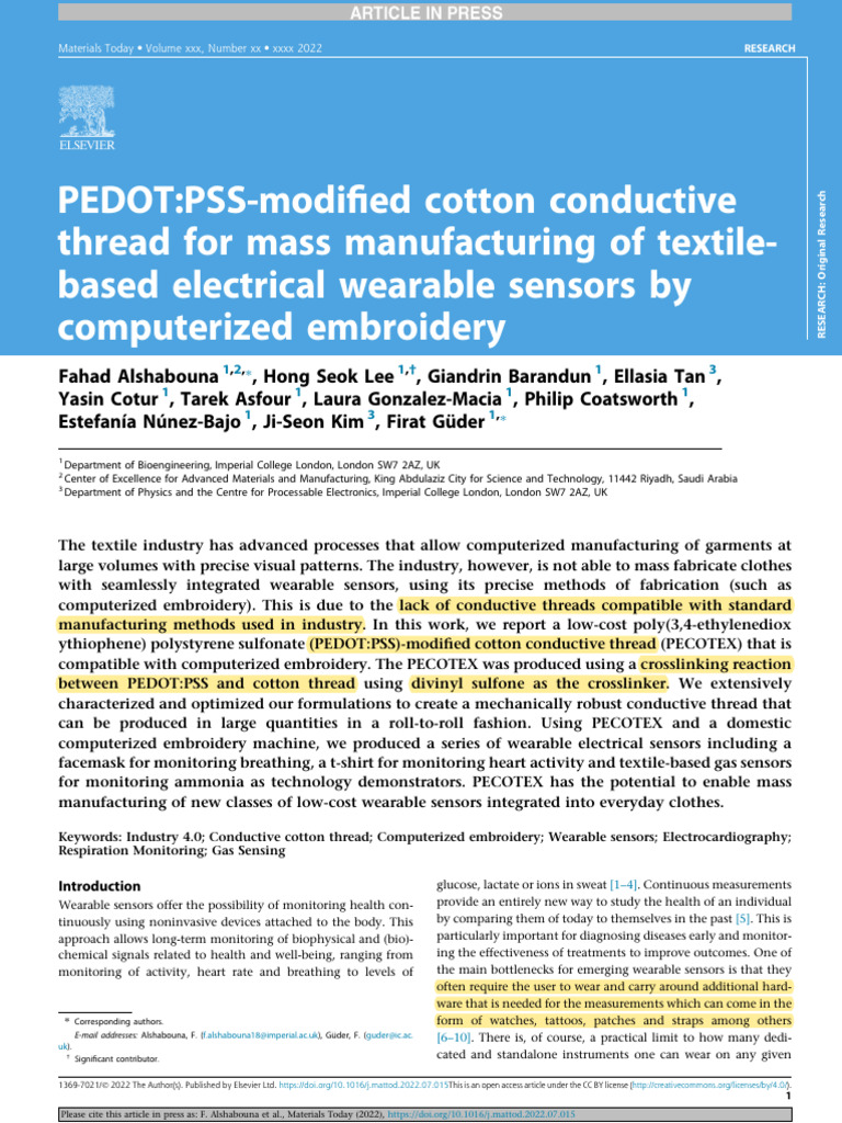 Conductive Cotton Threads for Wearable Sensors | PDF | Embroidery ...