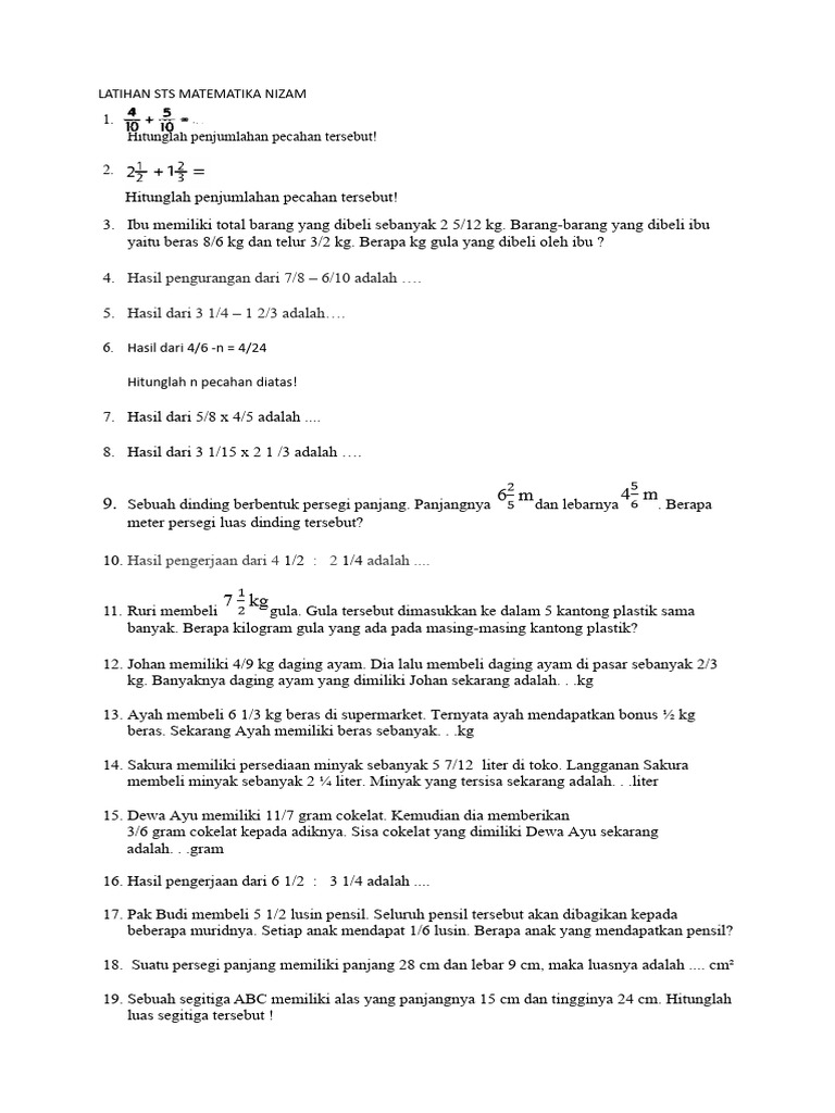 Latihan STS Matematika Nizam | PDF | Griya & Taman