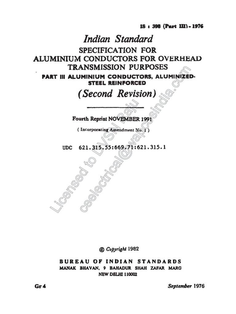 IS 398 - 3 1991 Aluminium Conductors For Overhead Transmission Purposes ...