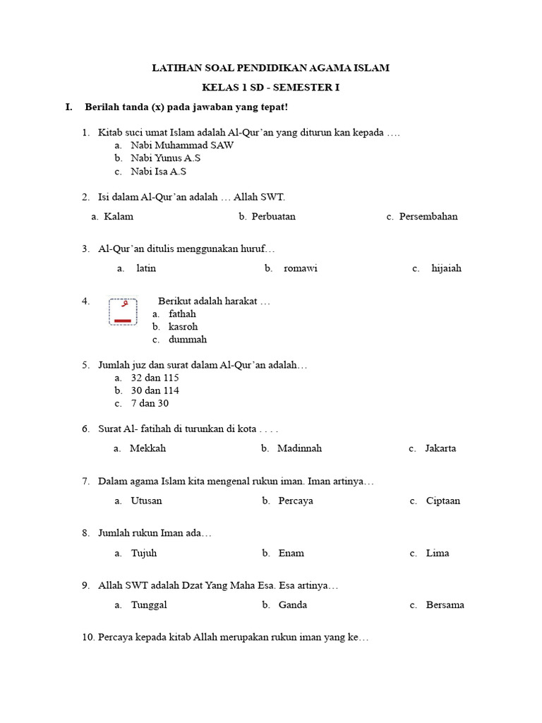 Pendidikan Agama Islam dan Budi Pekerti - Latihan Soal Asesmen Akhir Semester Ganjil Kelas 1 SD ...