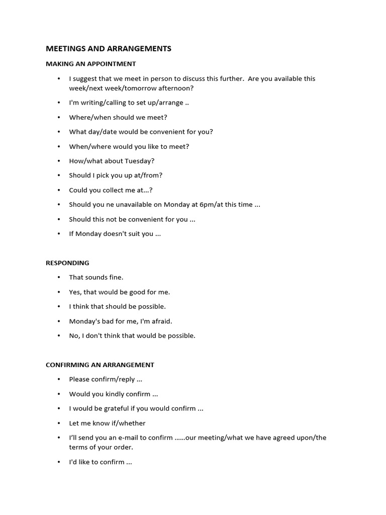 MEETINGS AND ARRANGEMENTS Handout | PDF