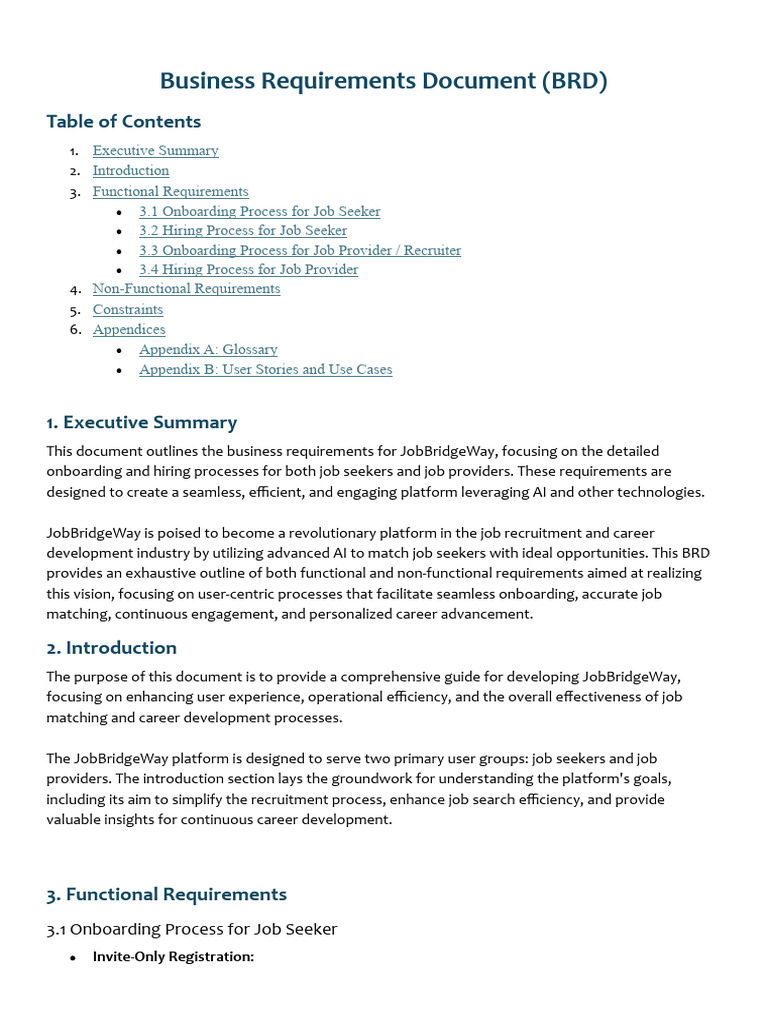JobBridgeWay Business Requirements Document | PDF | Artificial ...