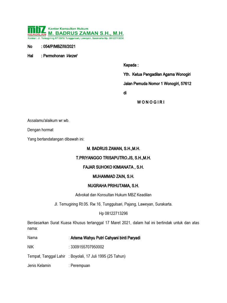Permohonan Verzet Cerai di Wonogiri | PDF | Ilmu Sosial | Hukum