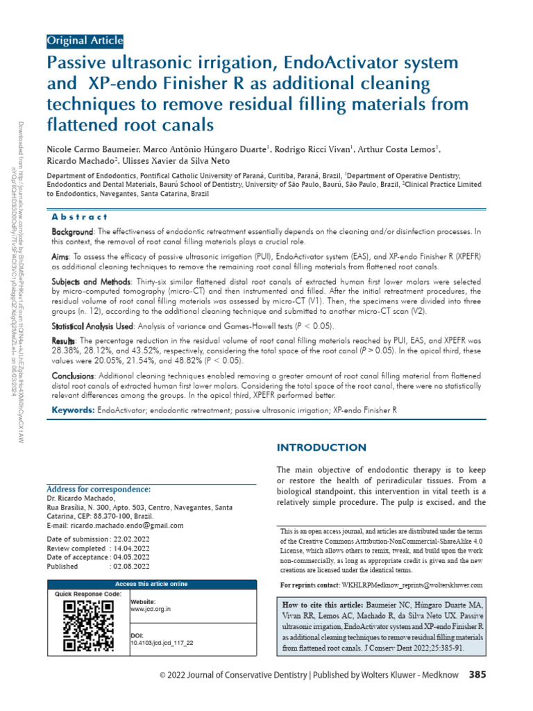 Passive Ultrasonic Irrigation, Endoactivator.9 | PDF | Mouth | Tooth