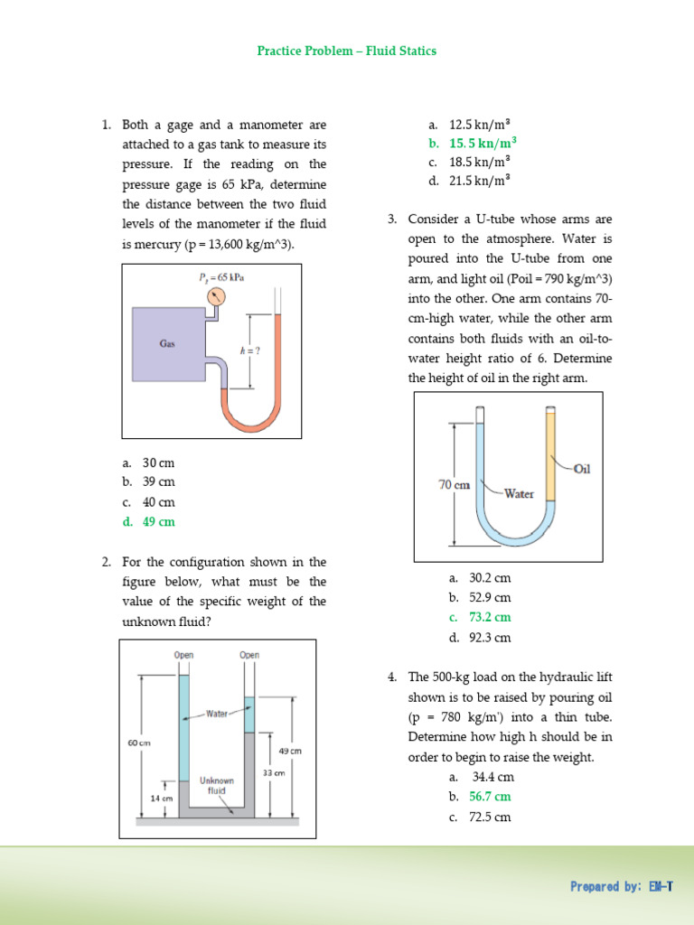 Fluid Statics Practice Problems | PDF | Pressure | Pressure Measurement