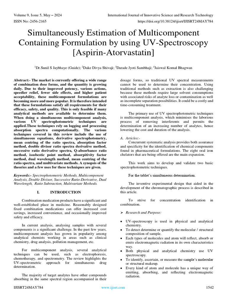 Simultaneously Estimation of Multicomponent Containing Formulation by Using UV-Spectroscopy ...