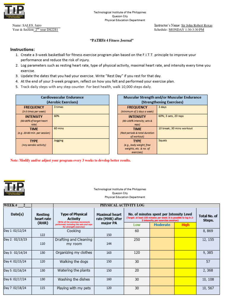 PE004 - BFF - Fitness Journal Log Form Week2 | PDF