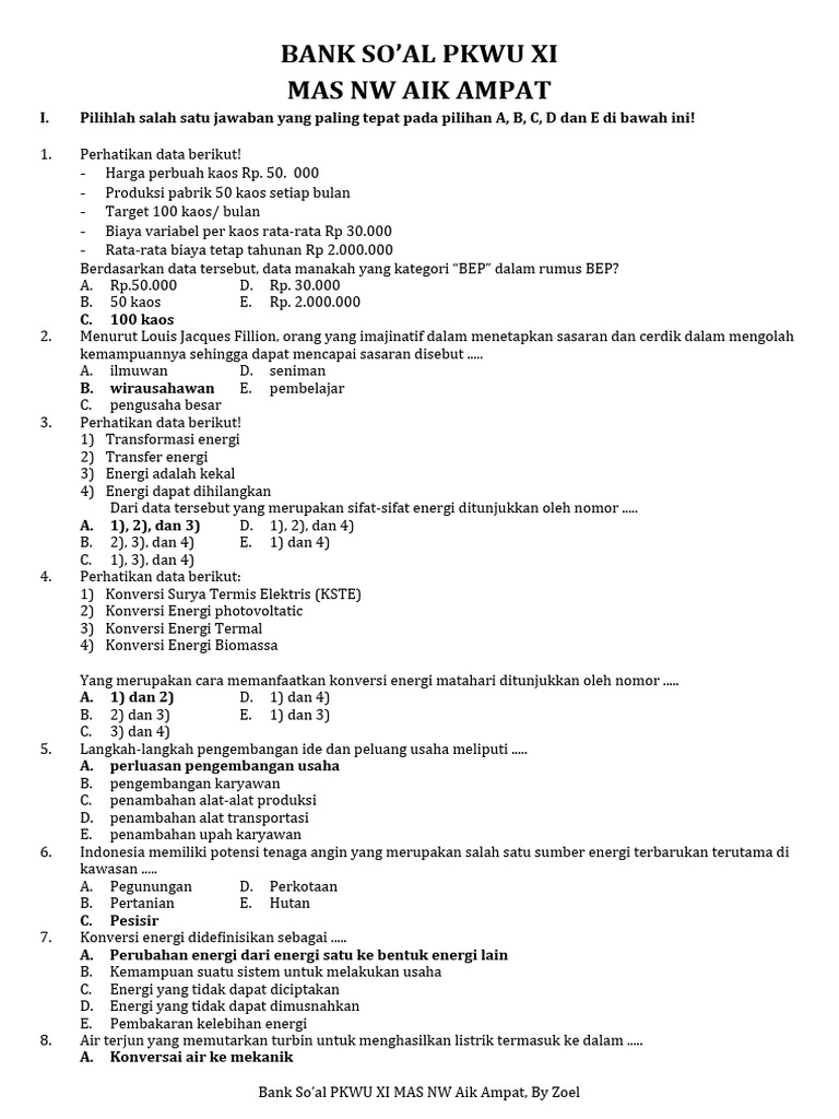 Bank Soal 16. PAT PKWU (2) XI-1 | PDF