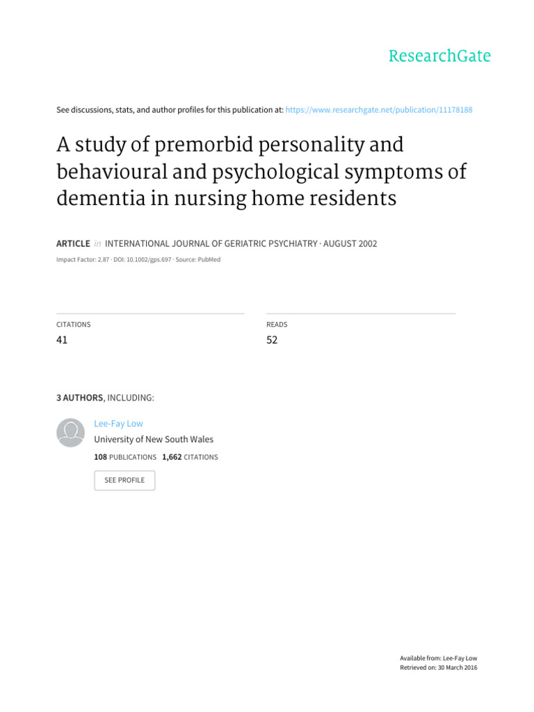 A Study of Premorbid Personality | PDF | Dementia | Alzheimer's Disease