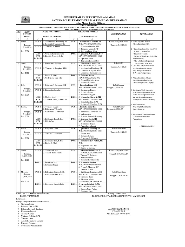 Jadwal Piket Pagi Dan Malam Bulan Juni 2024 | PDF