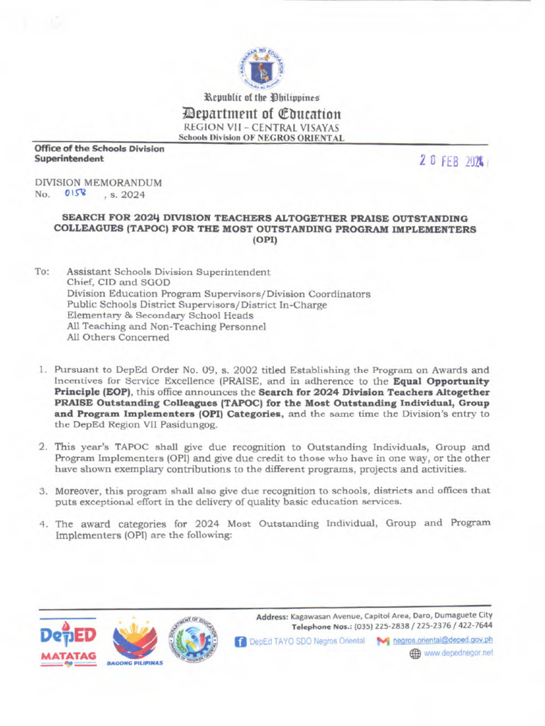 DM No. 0158 S. 2024 Search For 2024 Division Teachers Altogether Praise ...