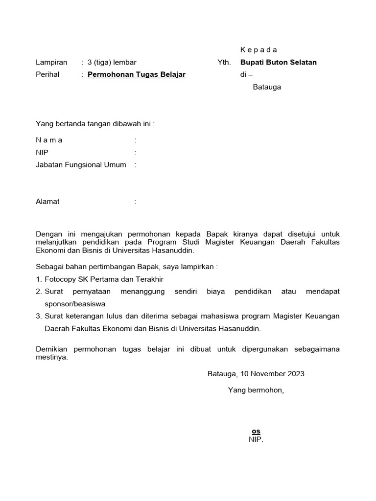 SUrat permohonan Tugas Belajar Kosong | PDF SUrat permohonan Tugas Belajar Kosong | PDF