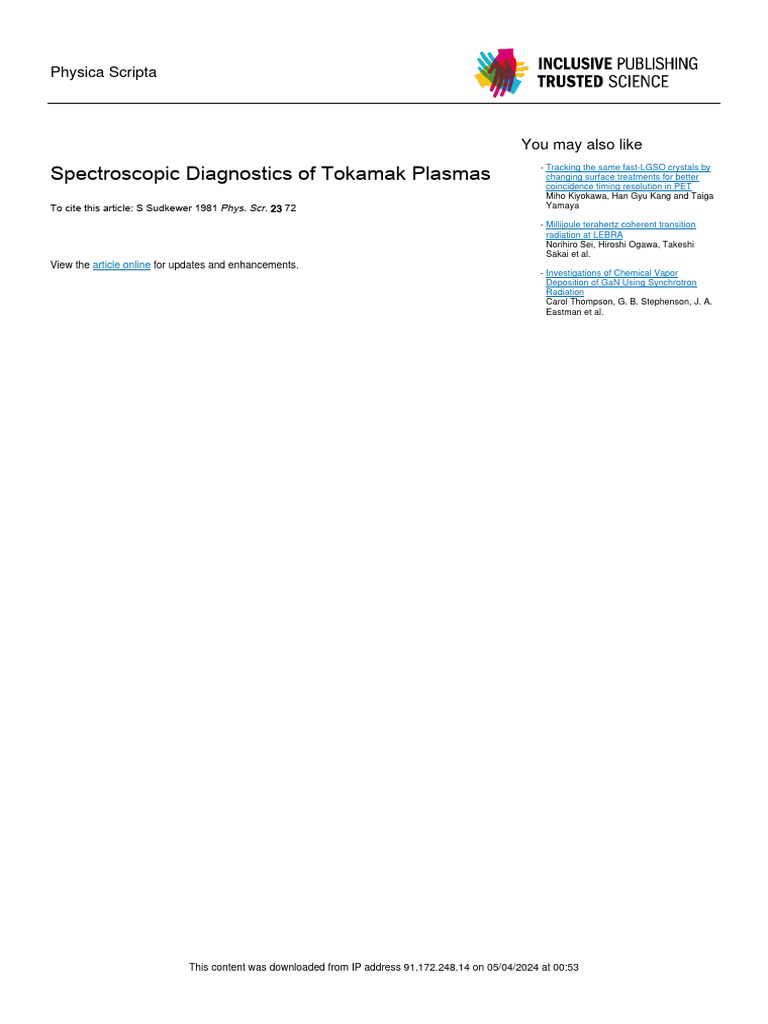 S Sudkewer 1981 Phys. Scr. 23 72 | PDF | Tokamak | Plasma (Physics)