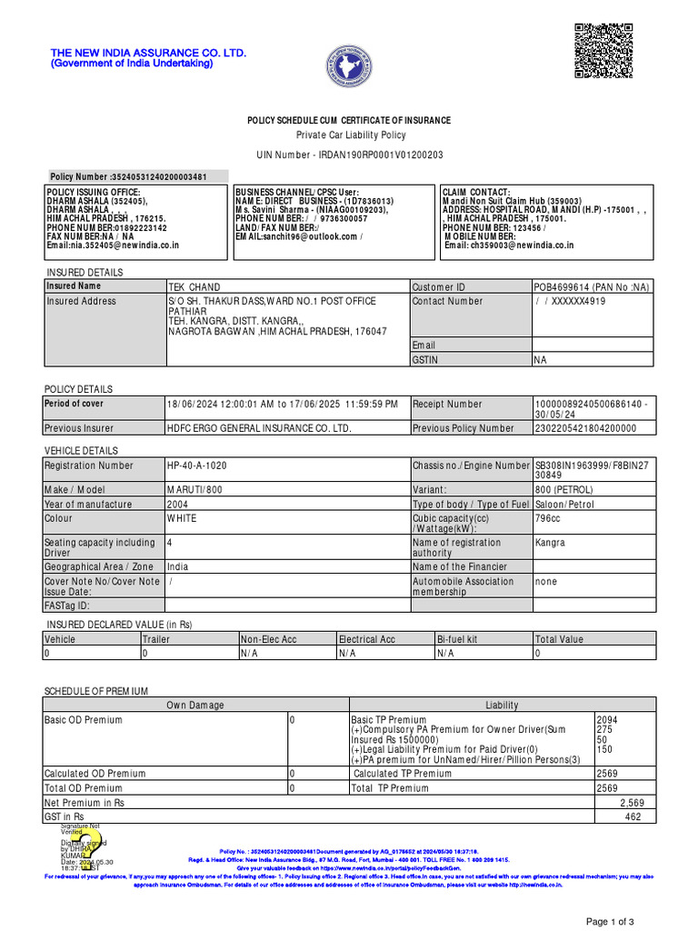 PC Niapolicyschedulecirtificatepc 30735126 | PDF | Insurance | Vehicle ...