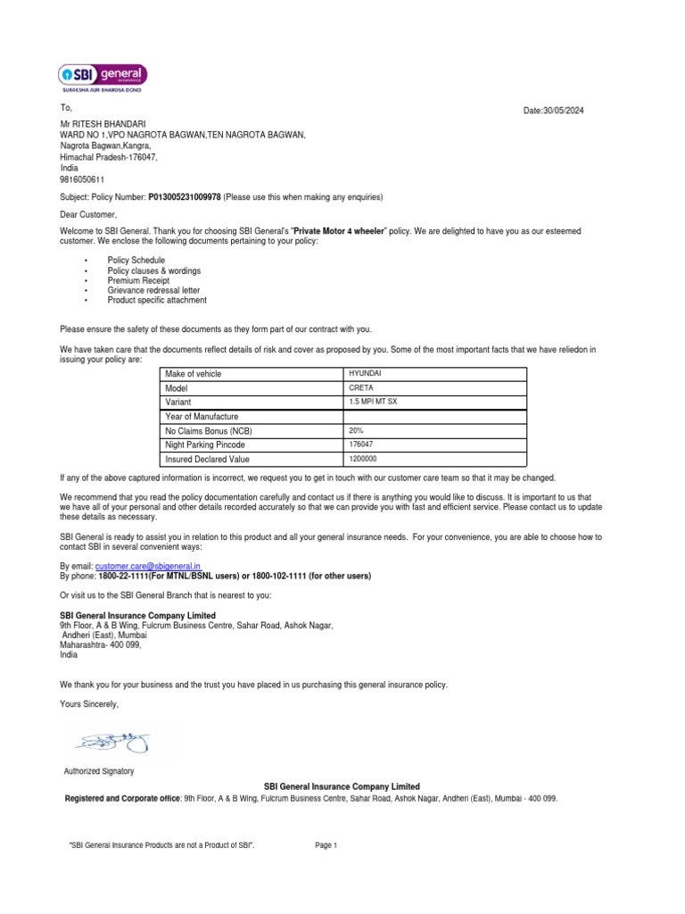 Private Motor 4 Wheeler: Hyundai Creta 1.5 Mpi MT SX | PDF | Indemnity ...