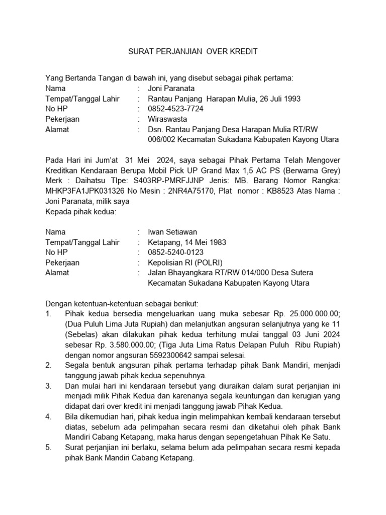 Surat Perjanjian Over Kredit | PDF