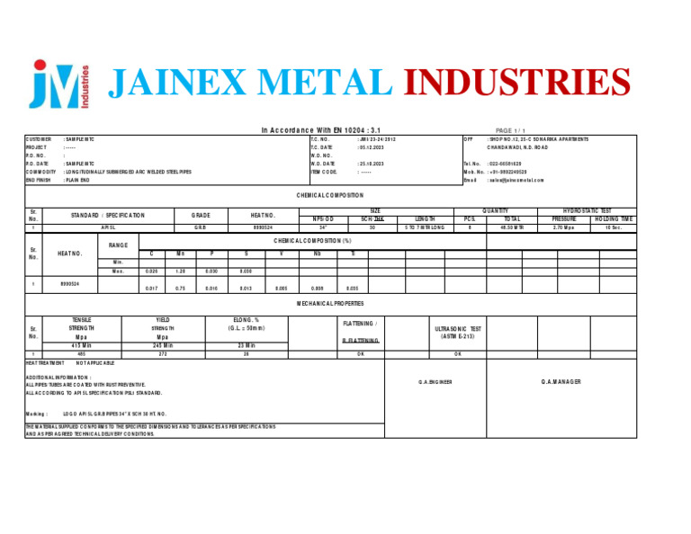 CS Api5l GR.B MTC | Download Free PDF | Pipe (Fluid Conveyance ...
