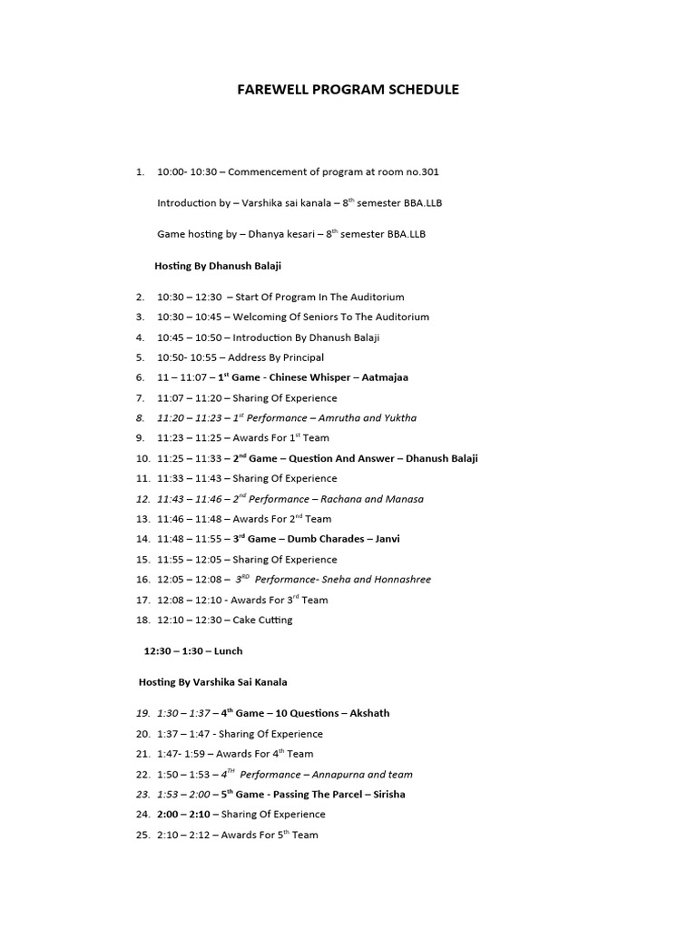 Farewell Program Schedule | PDF | Art