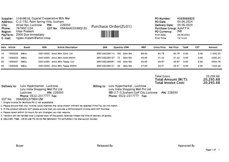 Amul Milk PO03 | PDF | Invoice | Trade