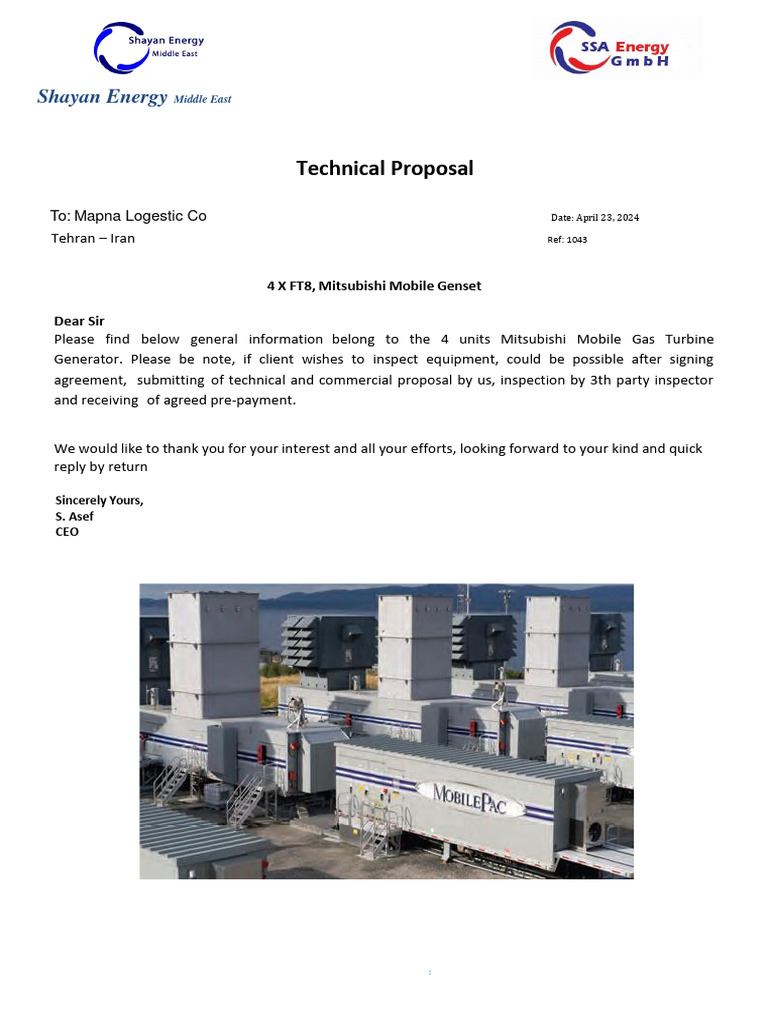 Technical Offer 4XMitsubishi FT8 29 MW - V 1 | PDF | Watt | Sustainable ...