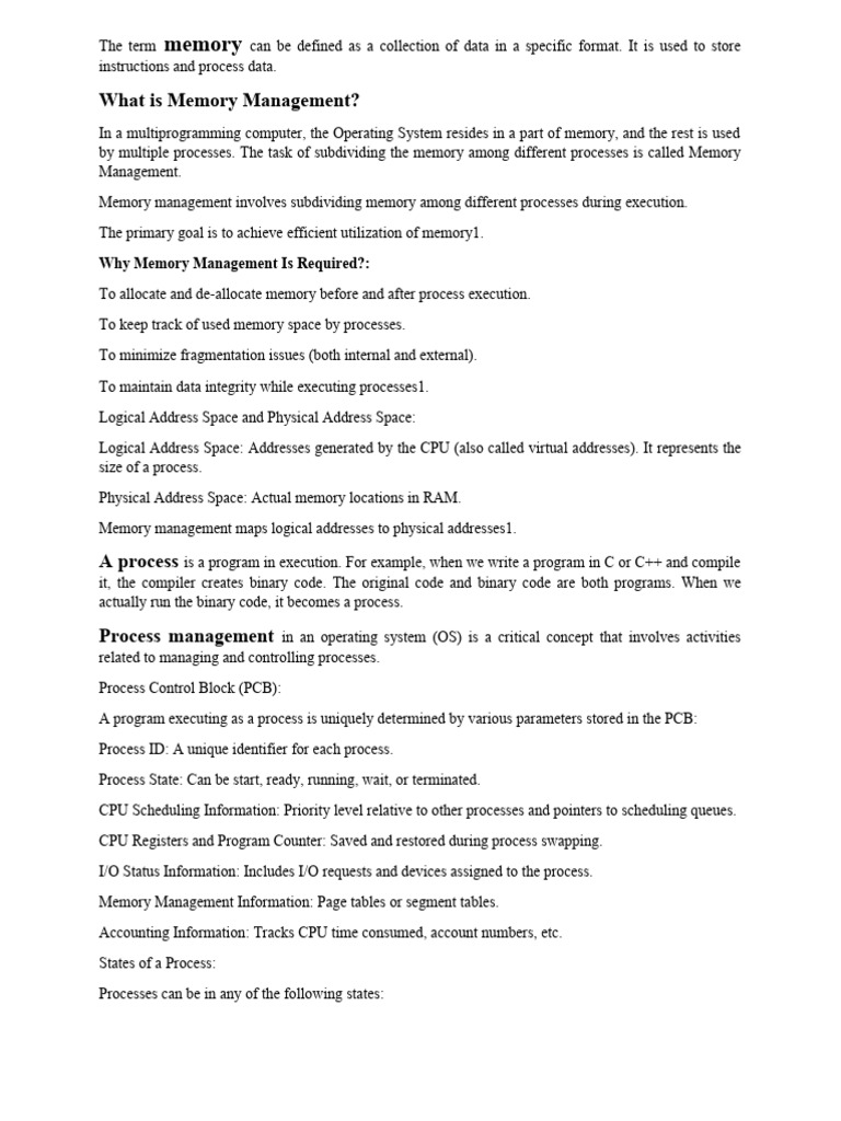 Process and Memory Management in OS | PDF | Operating System | Process ...