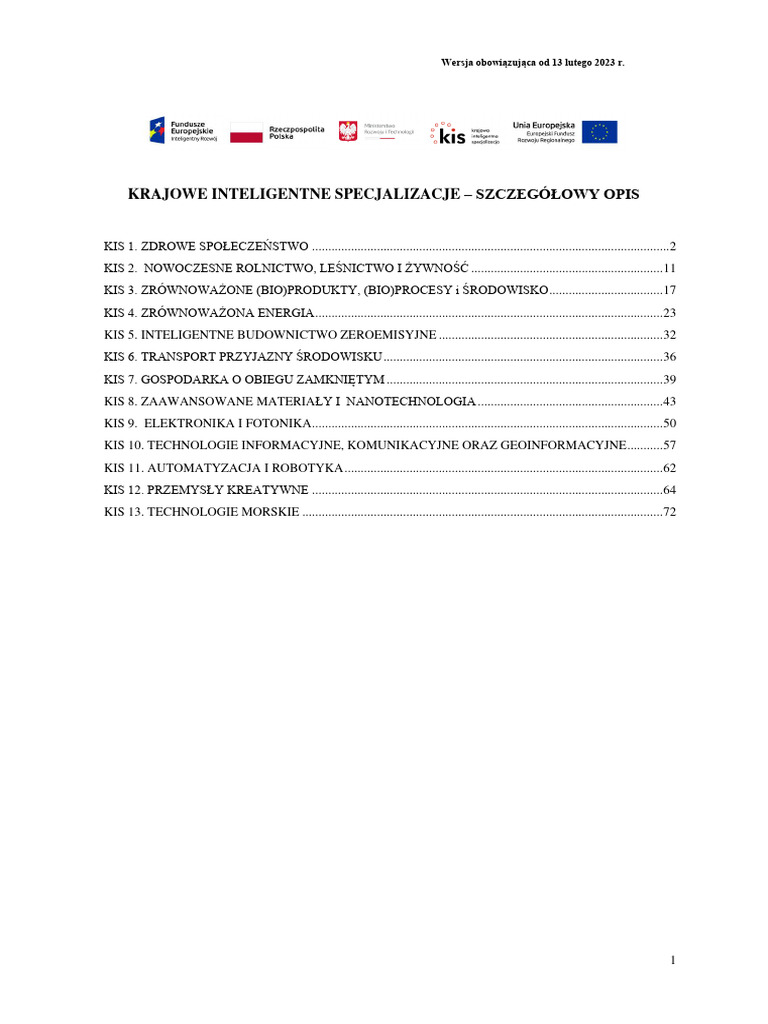 Zal 1 Do RWP Lista Krajowych Inteligentnych Specjalizacji | PDF