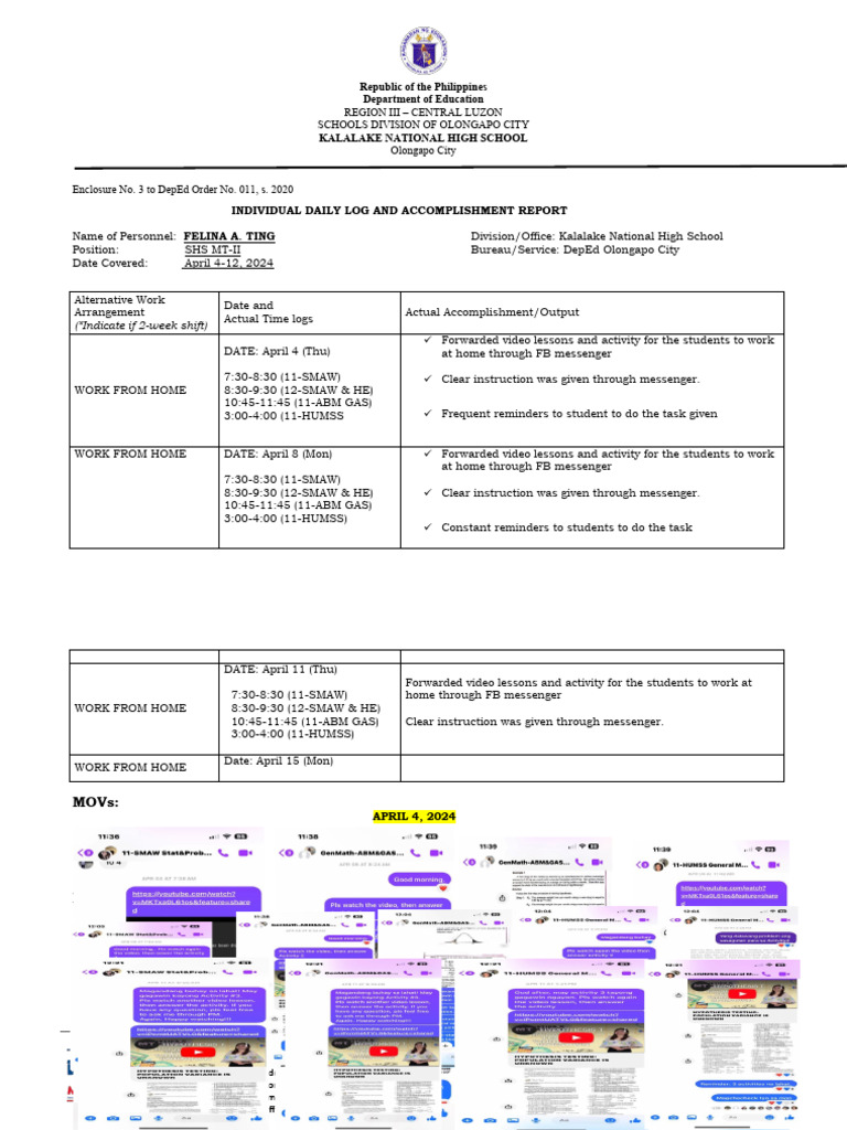 Individual Daily Log and Accomplishment Report (IDLAR) | PDF | Philippines