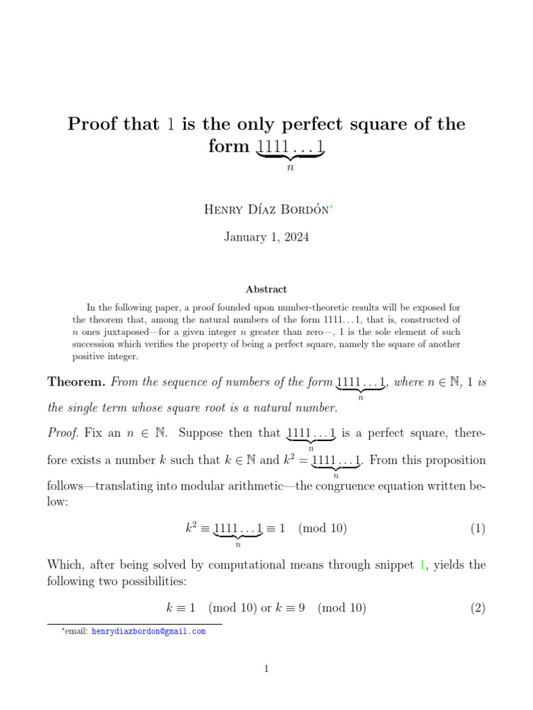 Proof: 1 is Only Perfect Square of 111...1 | PDF | Number Theory ...