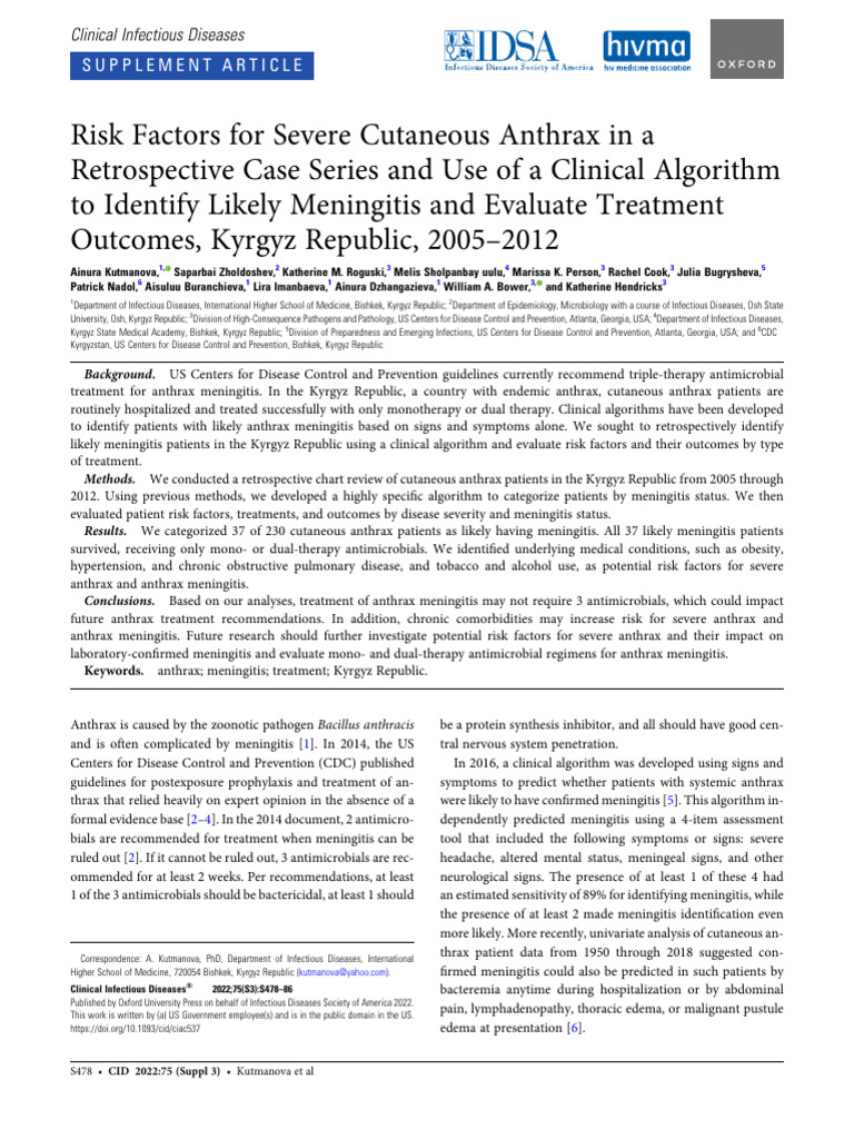 Risk Factors For Severe Cutaneous Anthrax in A Retrospective Case Series and Use of A Clinical ...