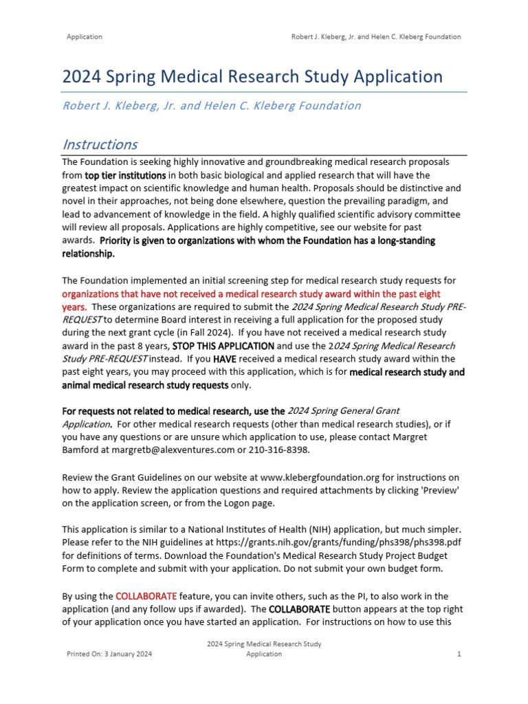 2024 Spring Medical Research Study Application | PDF | National ...
