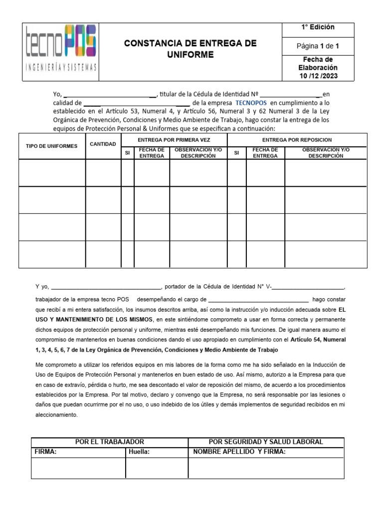 FORMATO DE ENTREGA DE UNIFORME ACTUALIZACION SySL (1) (3) | PDF ...
