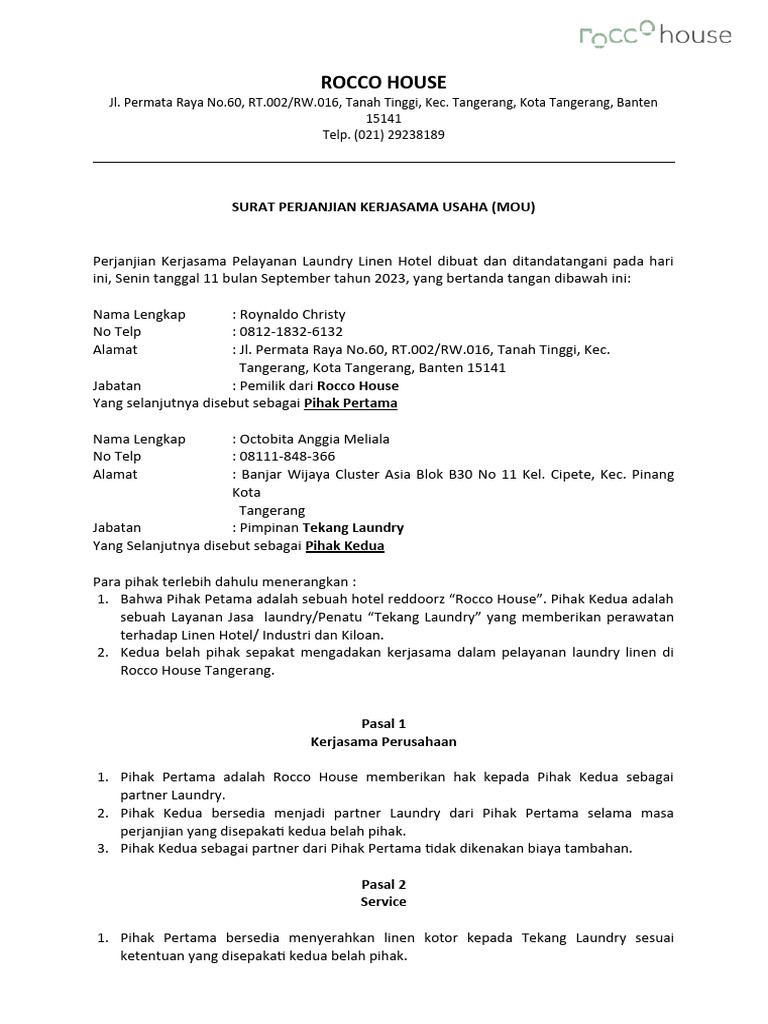 MOU Tekang Laundry - Rocco House | PDF