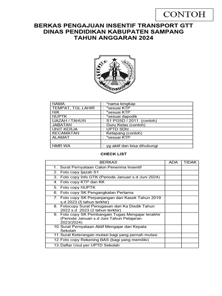 Contoh Cover, Check List, Surat Pernyataan Insentif GTT 2024 | PDF