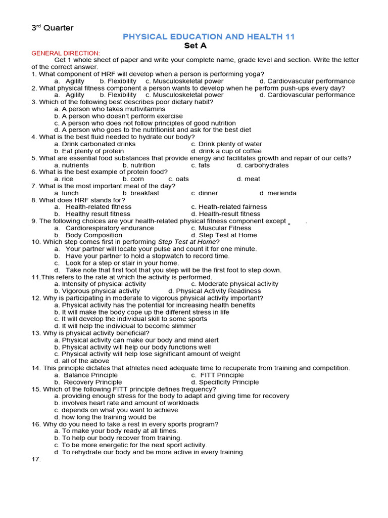 3rd Quarter - PE 11 - POSTTEST-SETABC | PDF | Physical Fitness | Nutrition