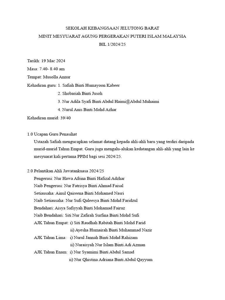 Minit Mesyuarat 1 Ppim 202425 | PDF