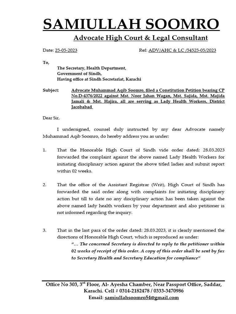 Legal Notice To Secretary Health Aqib | PDF | Complaint | Separation Of Powers