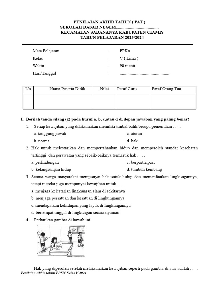 Soal PPKN Pat Kelas 5 | PDF | Karier & Perkembangan | Kajian Bahasa Asing