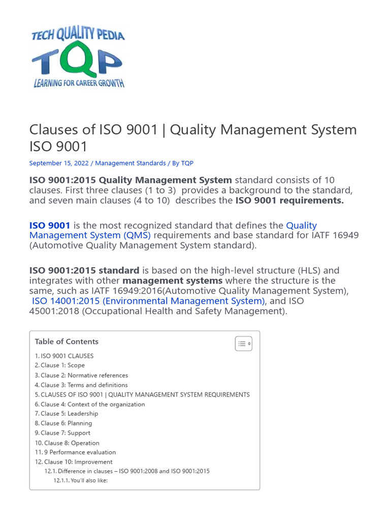 Clauses of ISO 9001 - Quality Management System ISO 9001 | PDF | Iso 9000 | Quality Management