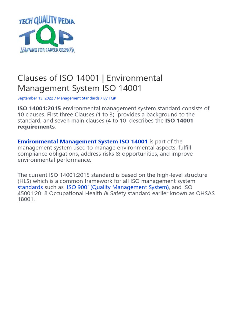 Clauses of ISO 14001 - Environmental Management System ISO 14001 | PDF ...