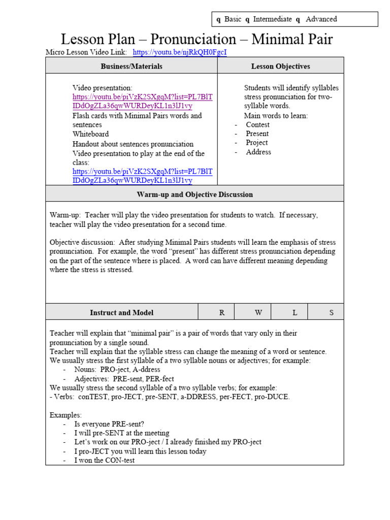 Lesson Plan 6 - Pronunciation | PDF | Stress (Linguistics) | Word