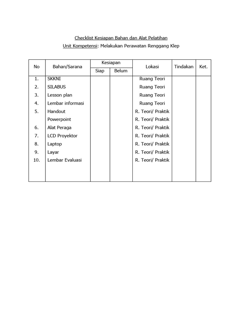 Checklist Kesiapan Alat Dan Bahan | PDF