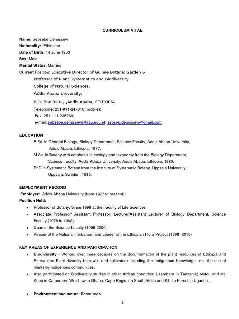 Sebsebe Demissew's CV: Botany & Biodiversity Expert | PDF | Natural ...