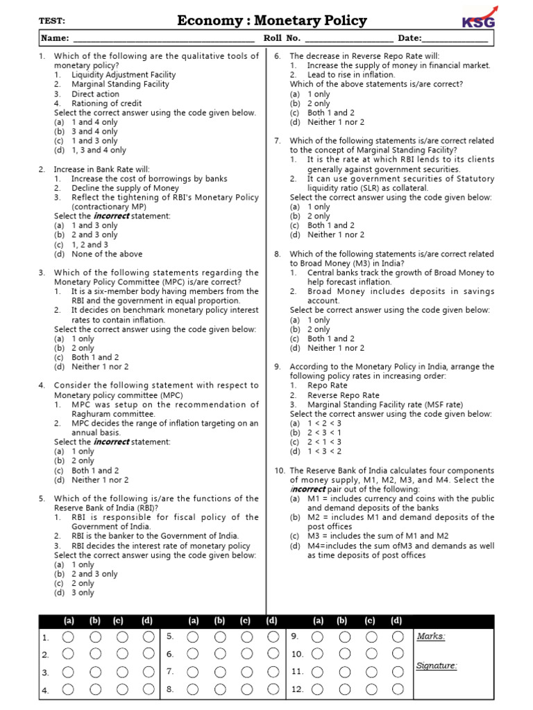 Economy Test Question File (030624) | PDF | Reserve Bank Of India ...