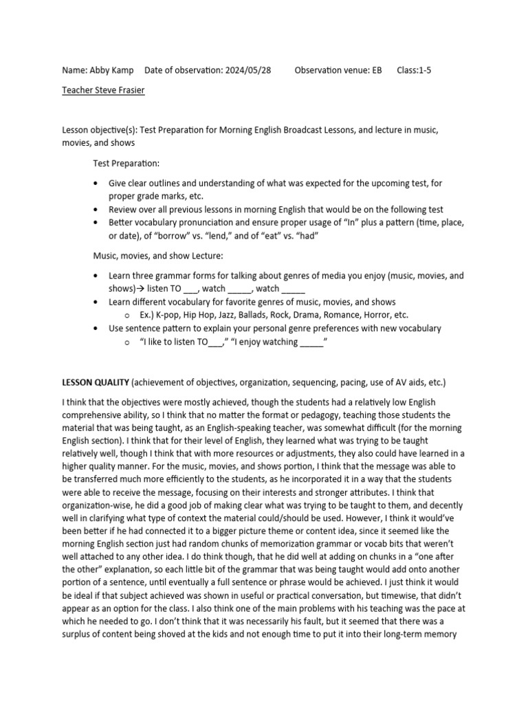 Classroom Observation Form 2019 | PDF | English Language | Teachers