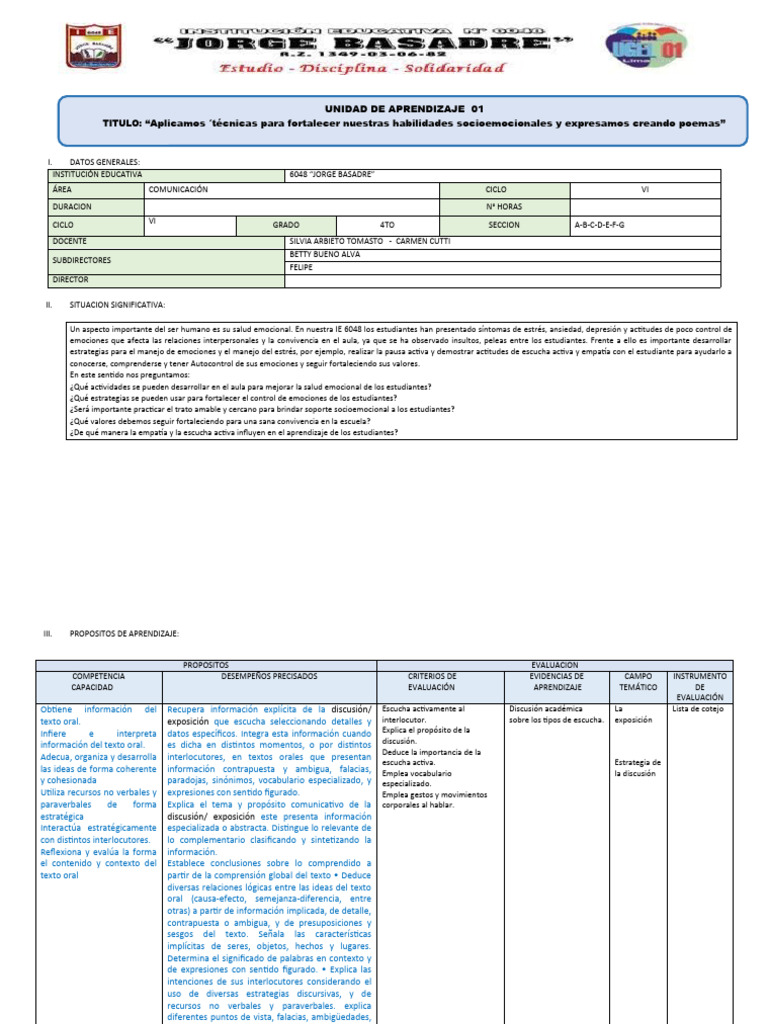 Formato de Unidad de Aprendizaje 02 - 2024 - JB | Descargar gratis PDF | Las emociones | Aprendizaje